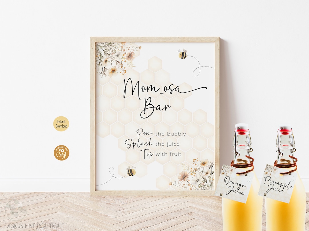 Editable Honey Bee Mom-osa Bar Sign, A Little Honey on the Way Baby ...
