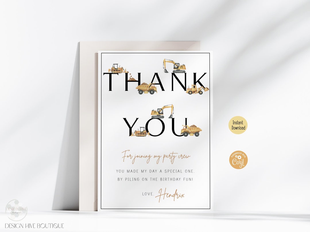 Editable Construction Birthday Thank You Card Template, 3.5x5 ...