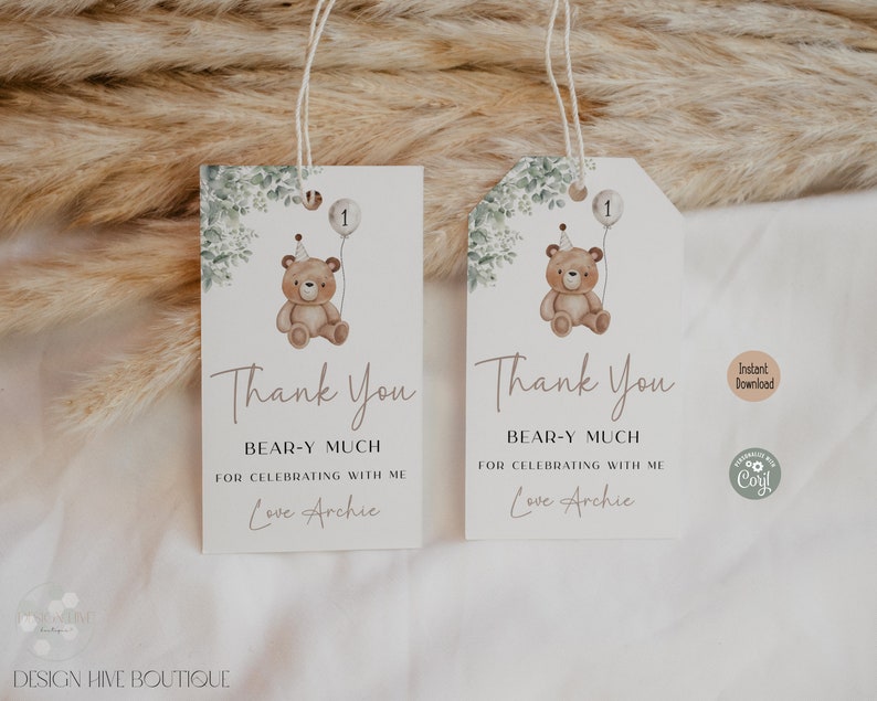 Teddy Bear Birthday Favor Tags | Editable Any Age Stickers | Beary ...