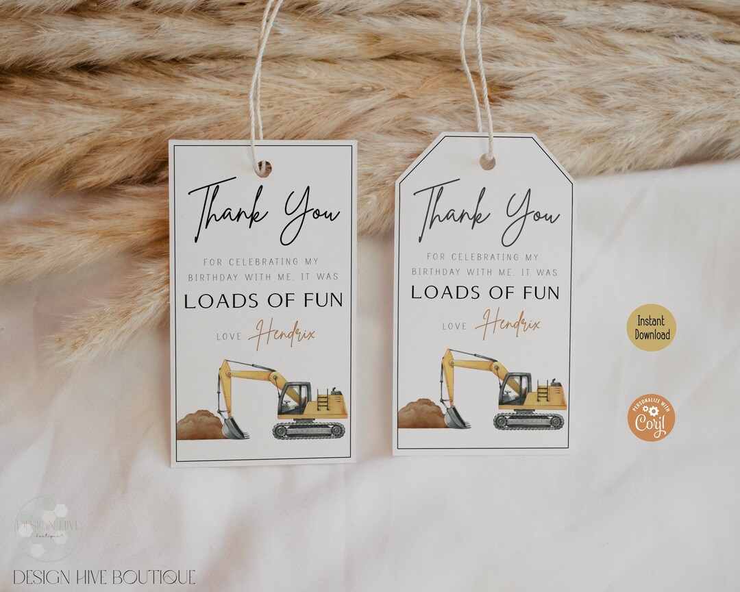 Editable Construction Party Favor Tags Bundle, Minimalist Can You Dig ...