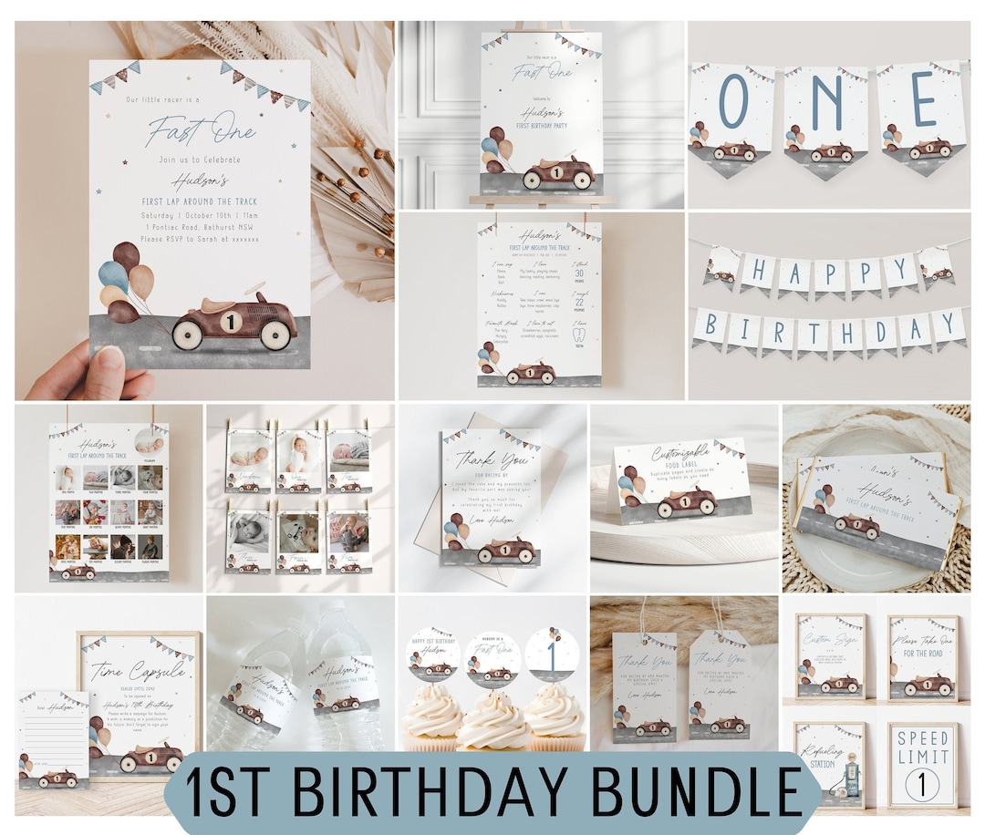 Editable Fast One First Birthday Bundle, First Lap Around the Track Boy ...
