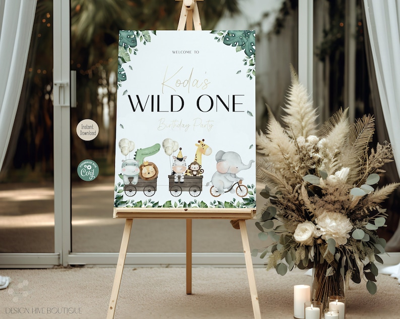 Editable Wild One 1st Birthday Welcome Sign, Safari Birthday Decoration ...