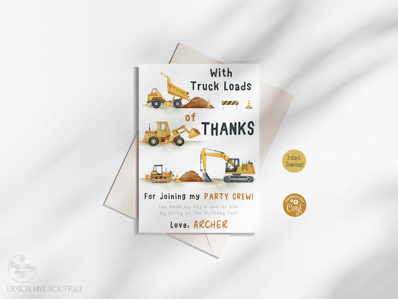 Editable Construction Birthday Thank You Card Template Construction