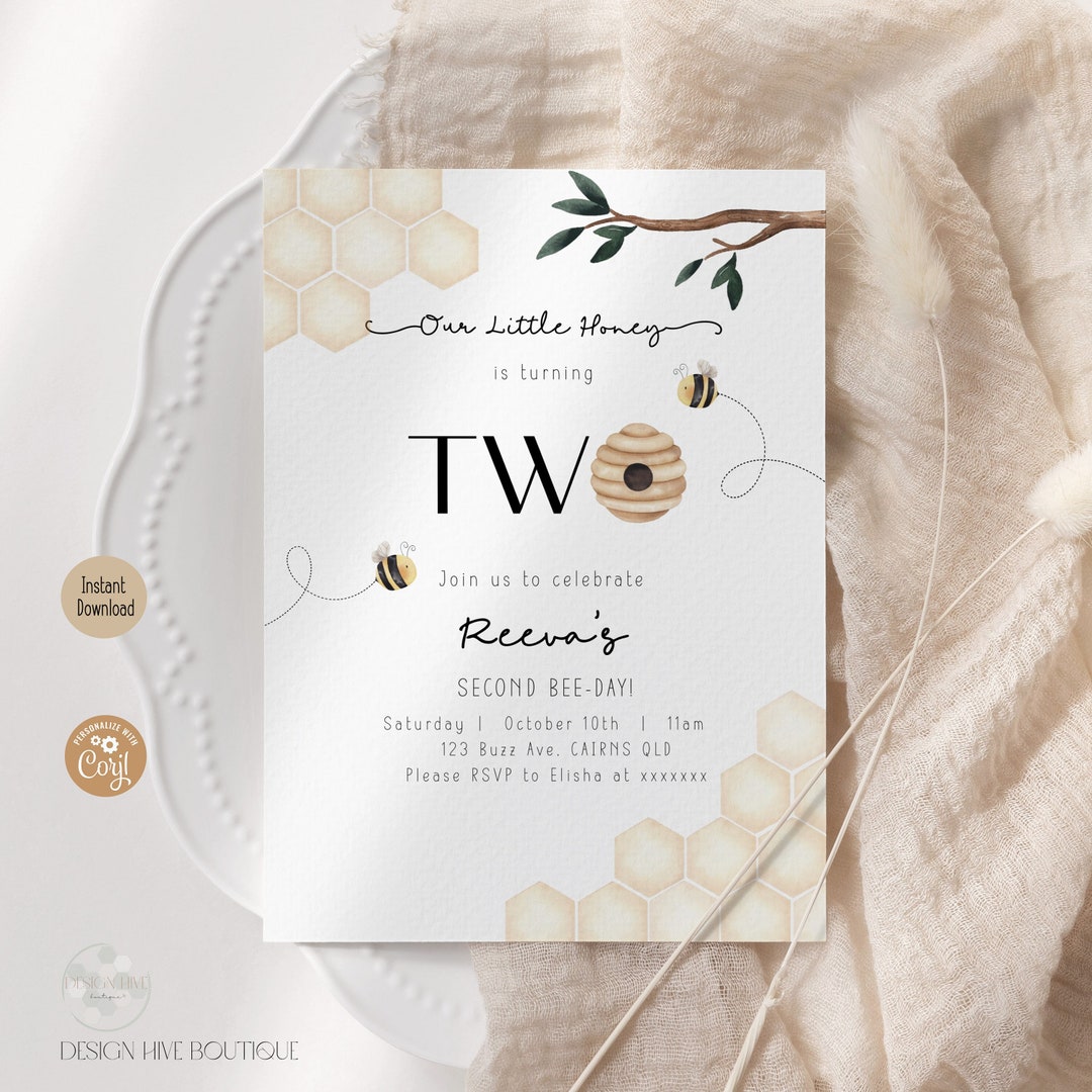 Editable 2nd Bee Day Birthday Invitation Bee Second Birthday Invite ...