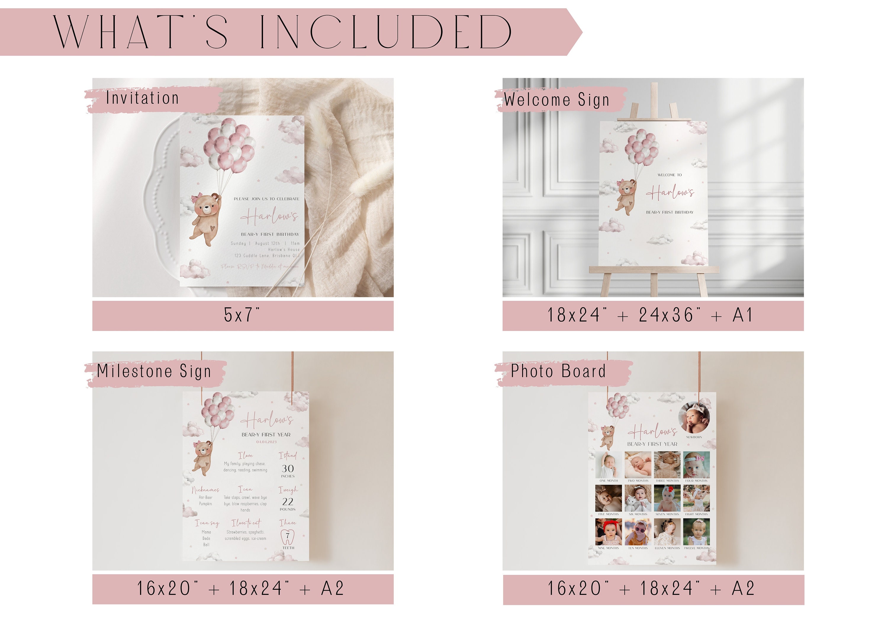 Editable Girls Beary 1st Birthday Bundle, Teddy Bear Balloons Invite ...