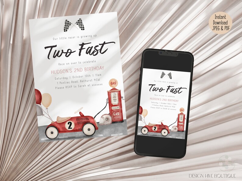 Editable Two Fast Birthday Invitation | Red Racecar Theme 2nd Birthday ...