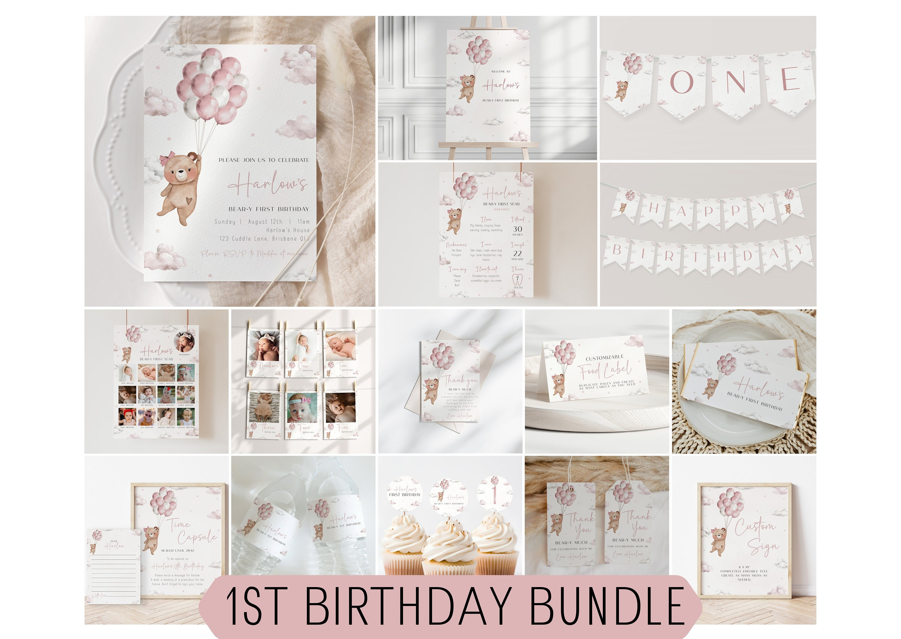 Editable Girls Beary 1st Birthday Bundle, Teddy Bear Balloons Invite ...