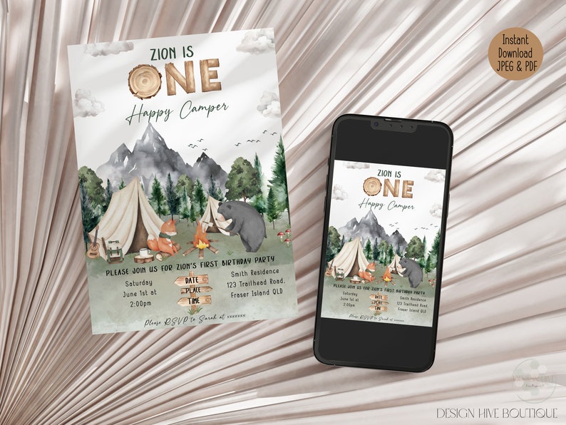 Editable One Happy Camper First Birthday Invitation Template, Boys Camping Birthday Invite ...