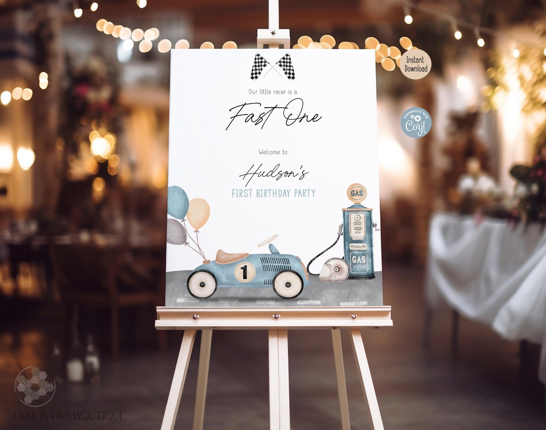 Editable Fast One 1st Birthday Welcome Sign, First Lap Around the Track ...