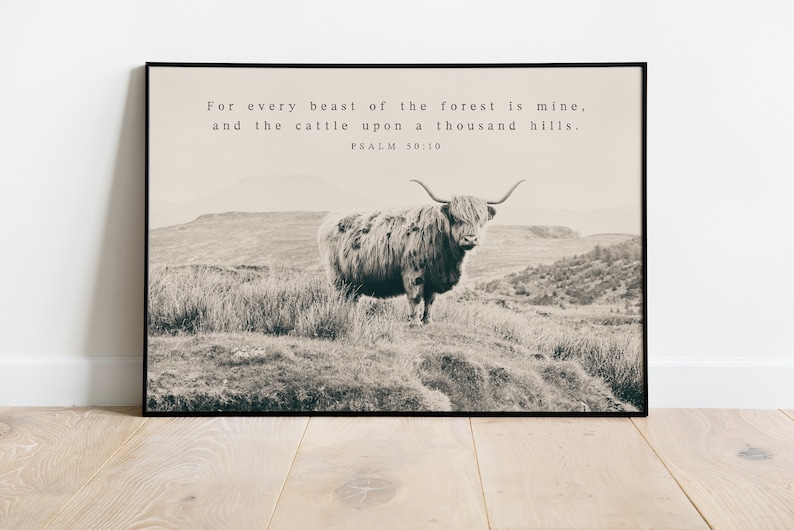 Christian Wall Art, Psalms 50 10 KJV, Highland Cow, Farmhouse Decor ...