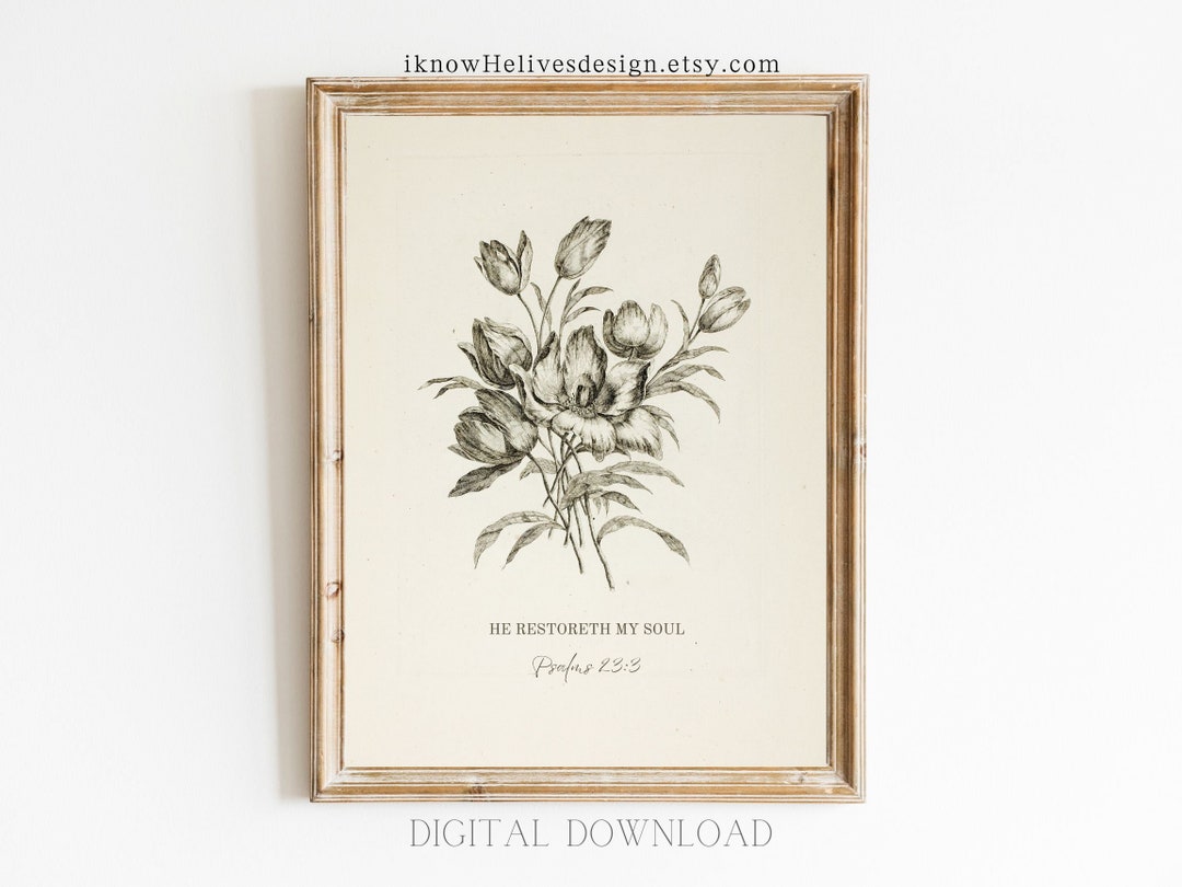 Floral Scripture Wall Art, Psalms 23:3 KJV, Vintage Print, Bible Verse ...