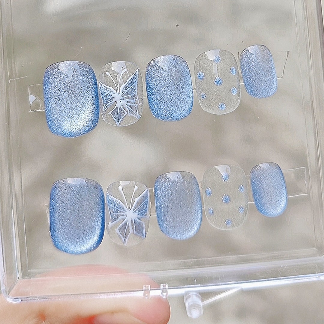 Handmade Light Sea Blue Butterfly Glass Bead Cat Eye Press on Nails ...