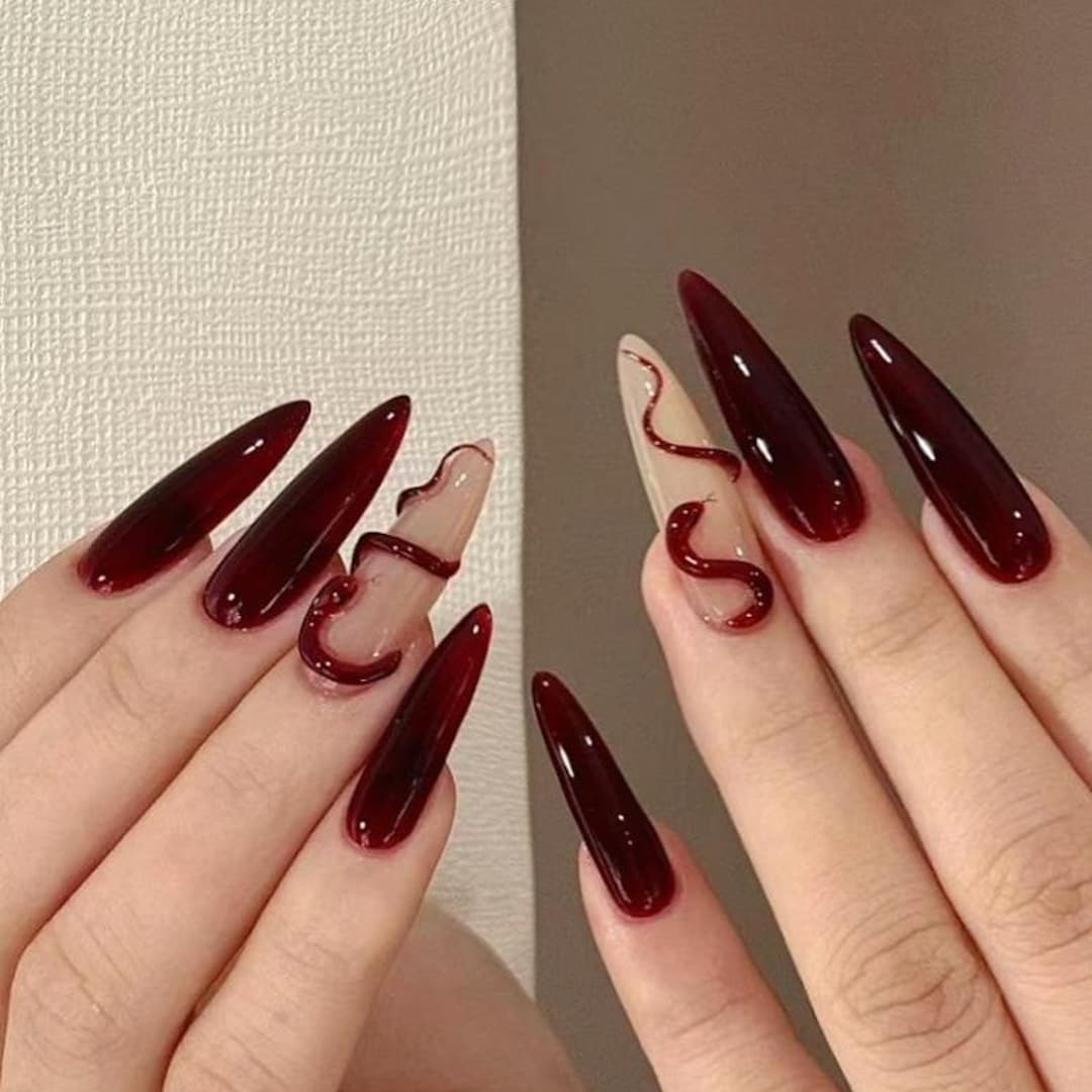 Handmade Dark Red Snake Press on Nails Snake Nails Dark Nails Goth ...