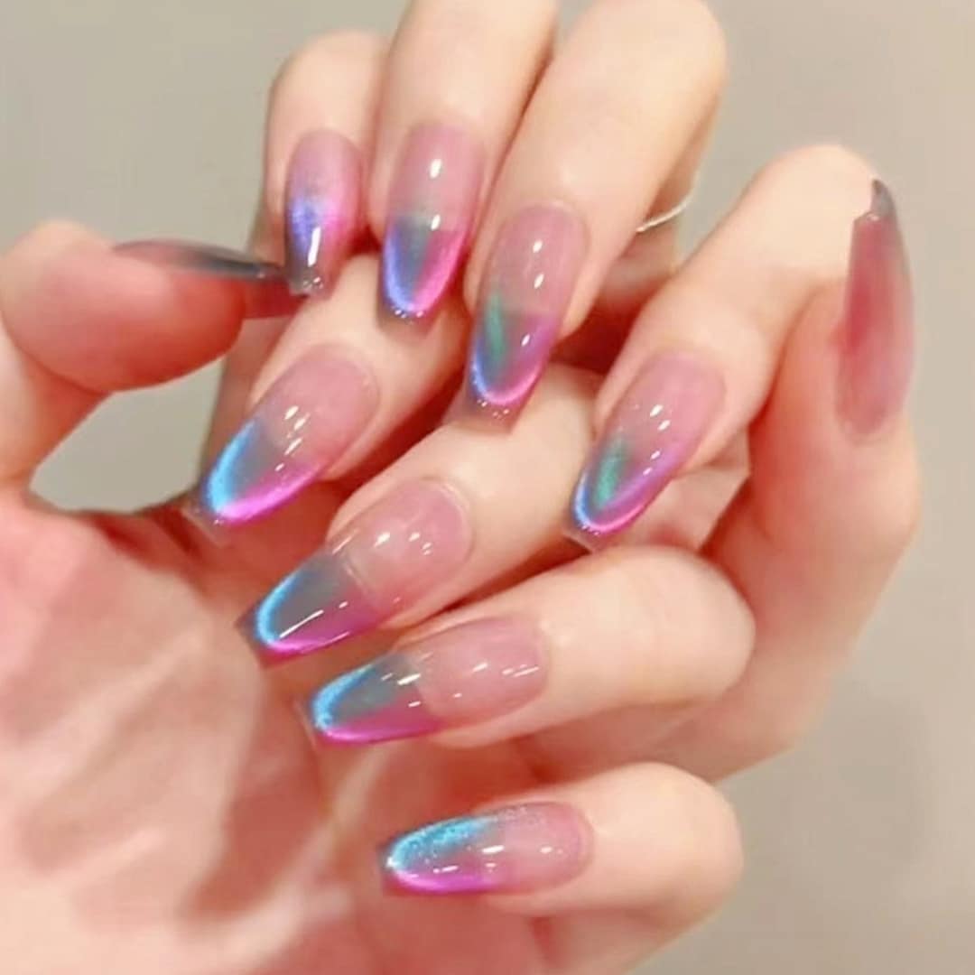Handmade Galaxy Pink Blue Double Cat Eye Press on Nails Pink Nails Blue ...