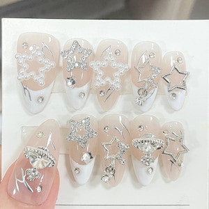 Handmade White French White Pearl Star Silver Metal Star Saturn Y2K ...