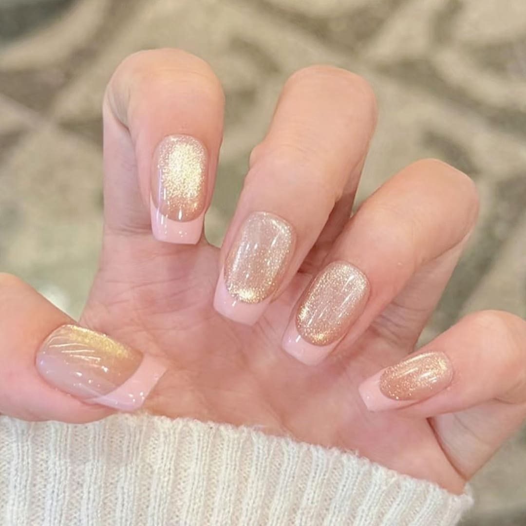 Handmade Pink French Light Gold Cat Eye Press on Nails Pink Nails Gold ...