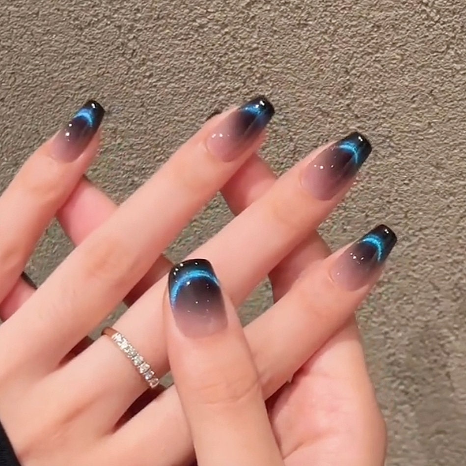 Handmade Iceland Aurora Black Gradient Blue Cat Eye Press on Nails ...