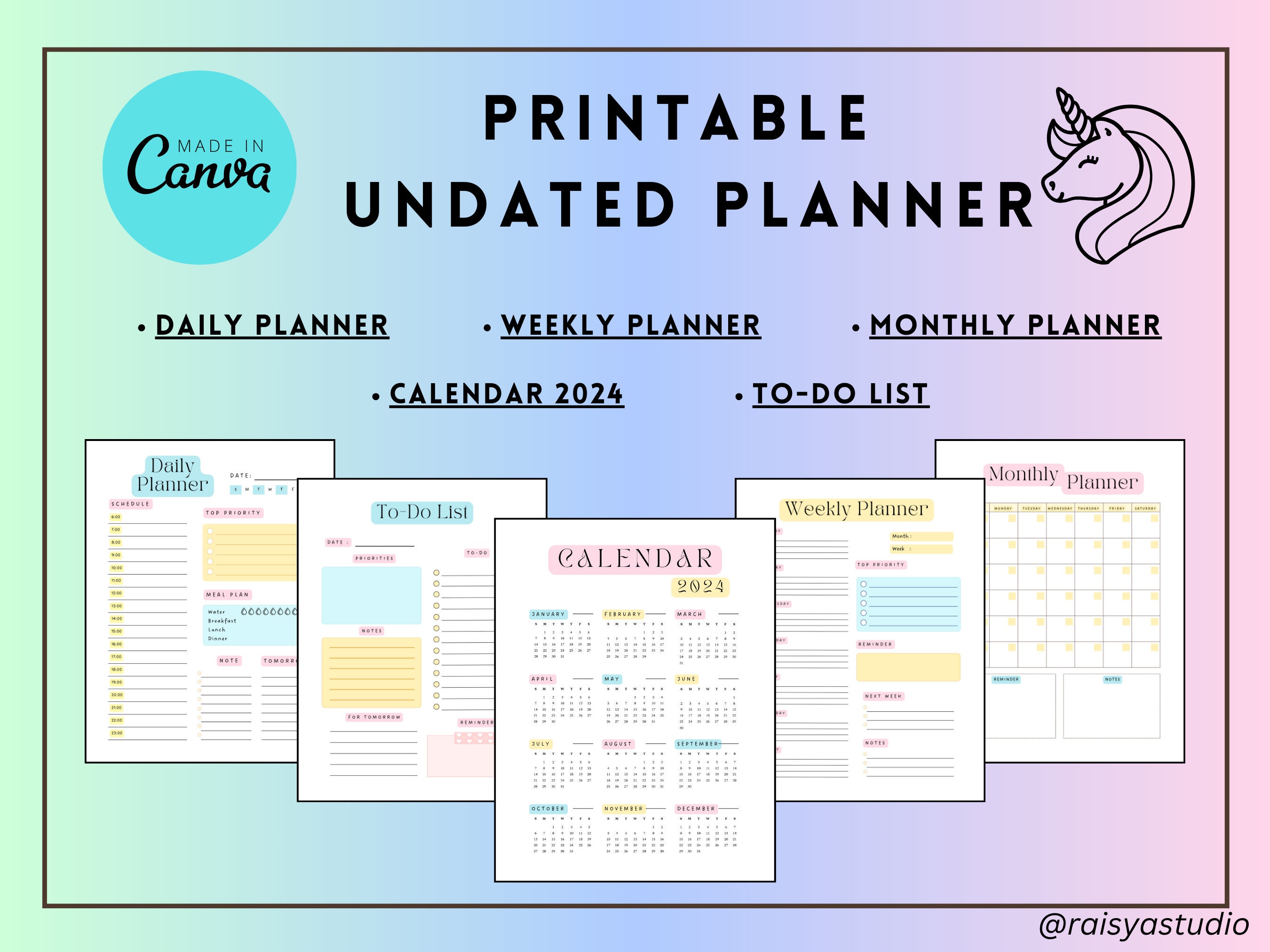 Printable Undated Planner : 2024 Calendar, Monthly, Weekly, Daily Kit ...