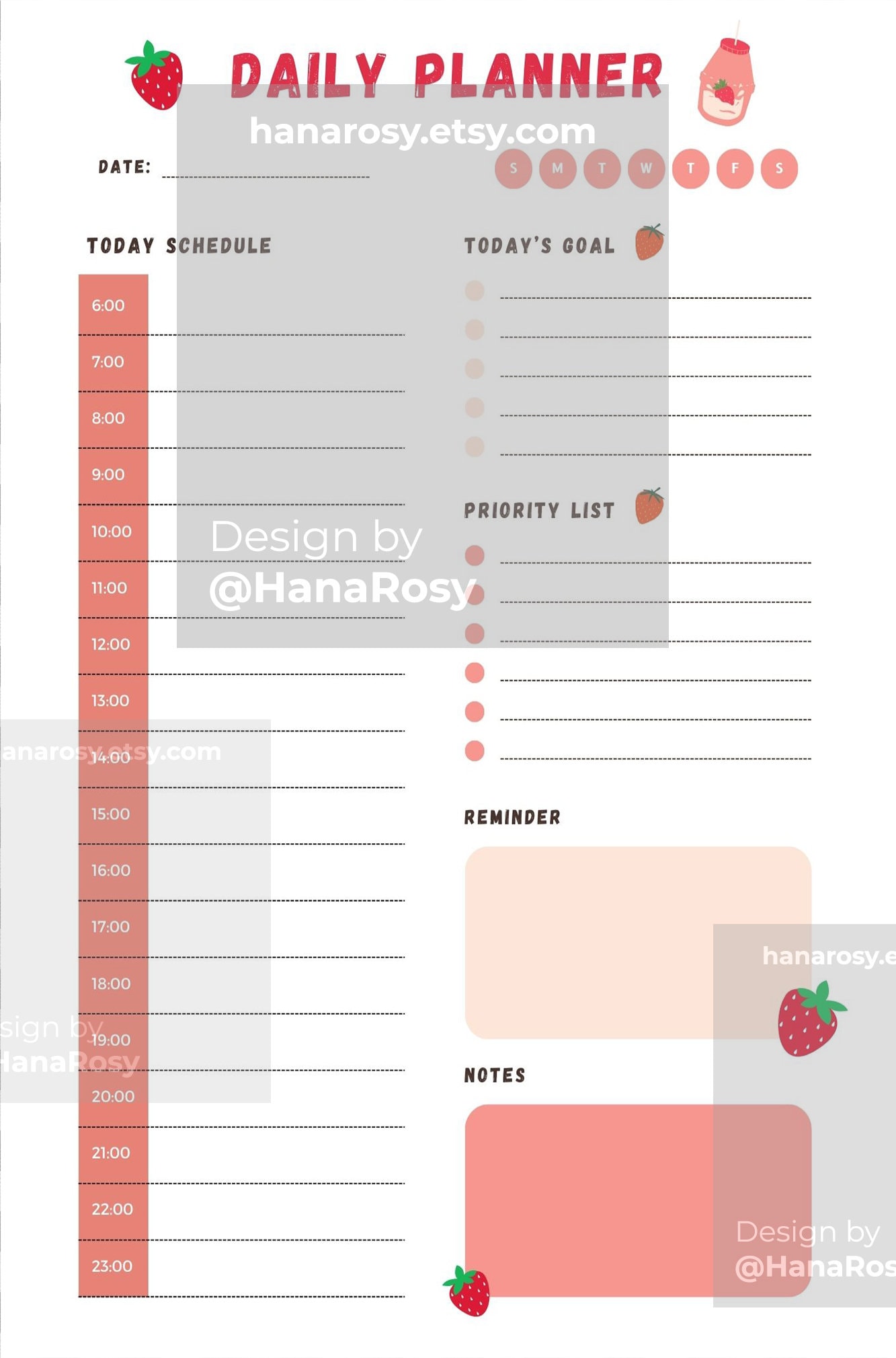 Strawberry Daily Planner, Printable Planner - Etsy