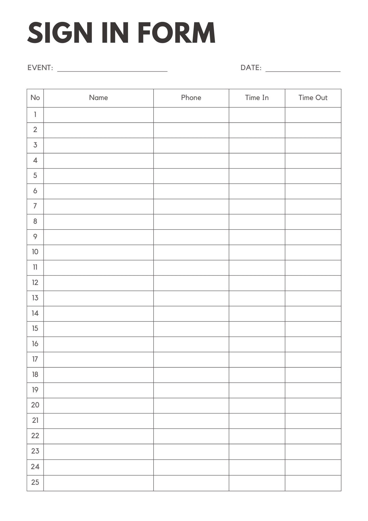 Minimalist Sign in Sheet Form, Printable Sign in Sheet Form, Instant ...