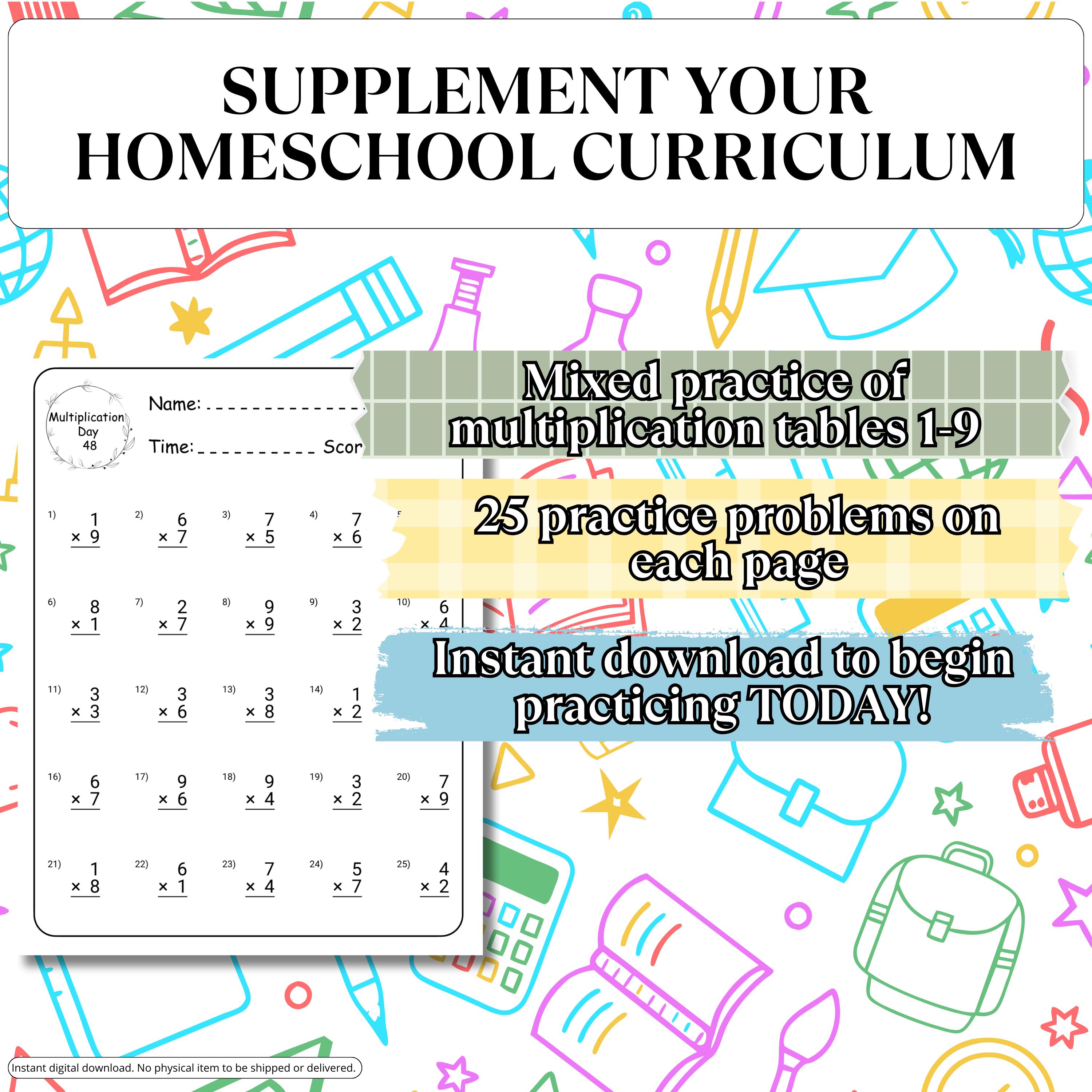 100 Days of Math Multiplication Worksheets Printables, Single Digit ...