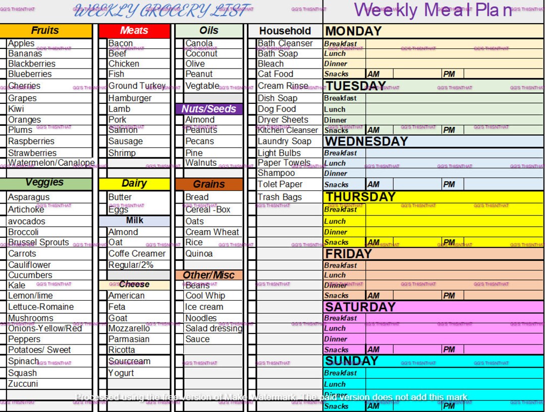 Grocery List, Weekly Meal Planner, Instant Download, Printable Planner ...