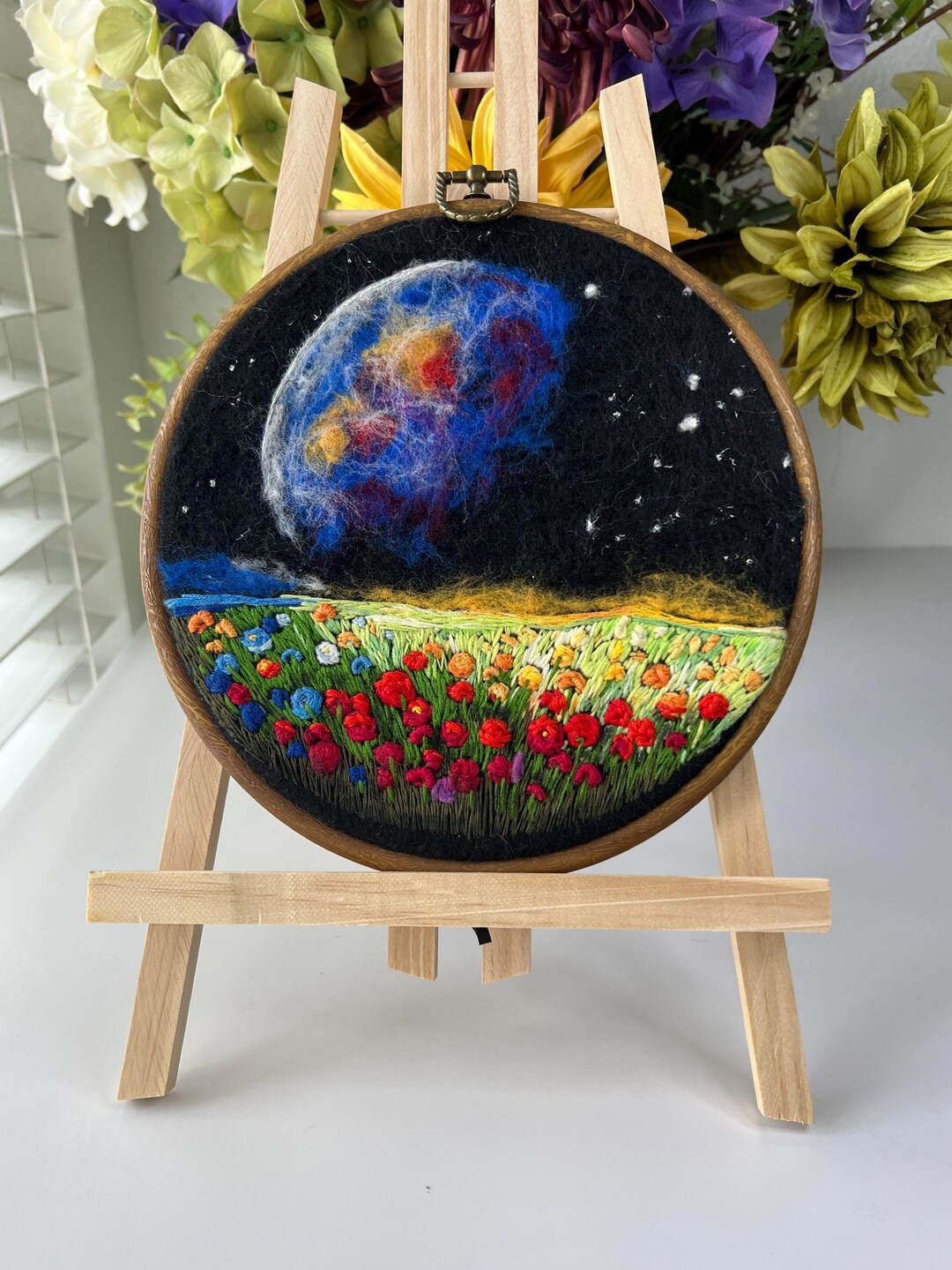 Hand Embroidered Wall Art, Cosmic Floral Embroidery, Starry Night ...