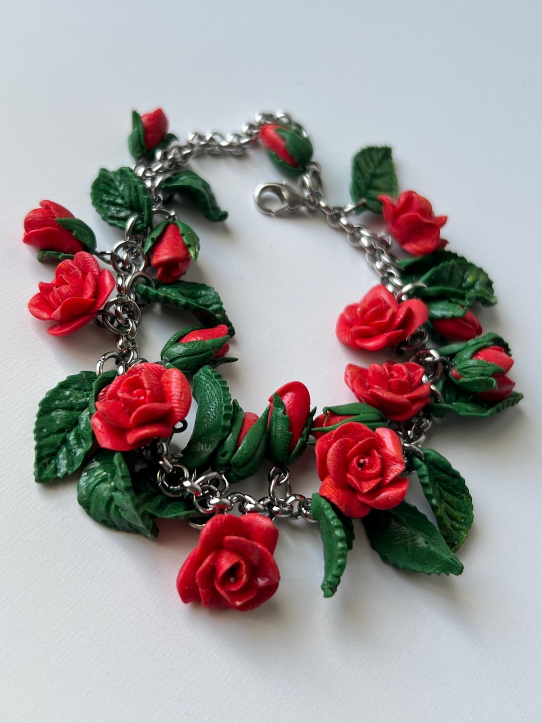 Women's Bangle With Red Roses, Flower Bracelet Made of Polymer Clay ...