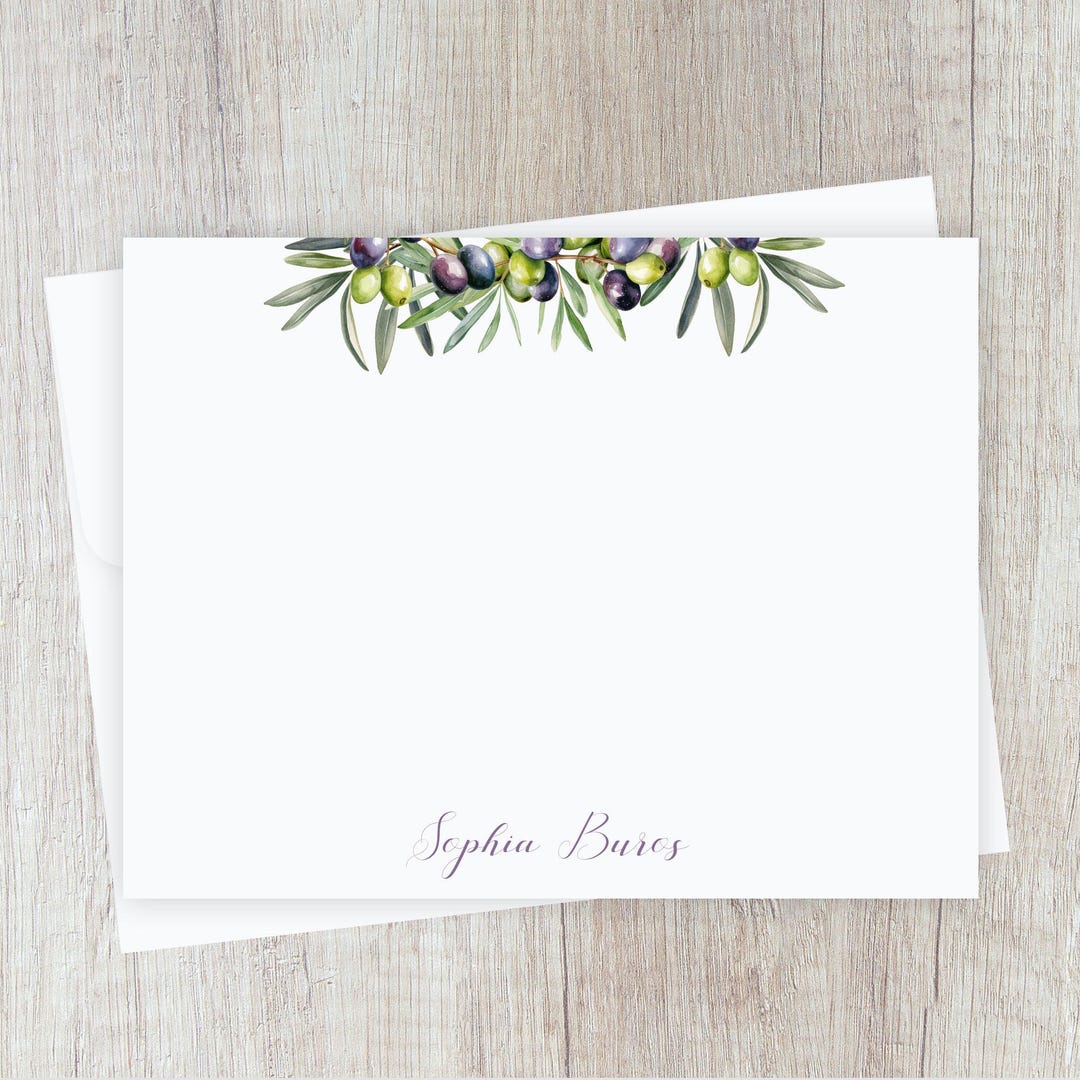 Olive Themed Note Card Stationery, Personalized Flat Notecard Set ...