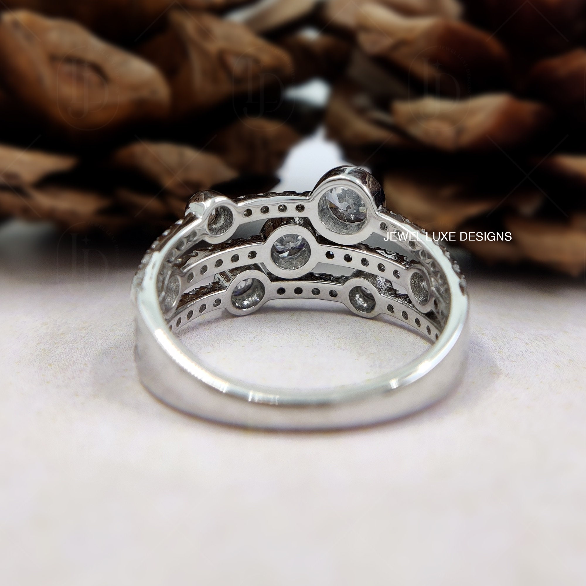 Three Row Moissanite Engagement Ring, Scattered Diamond Ring, Statement Rings for Women, 925 ...