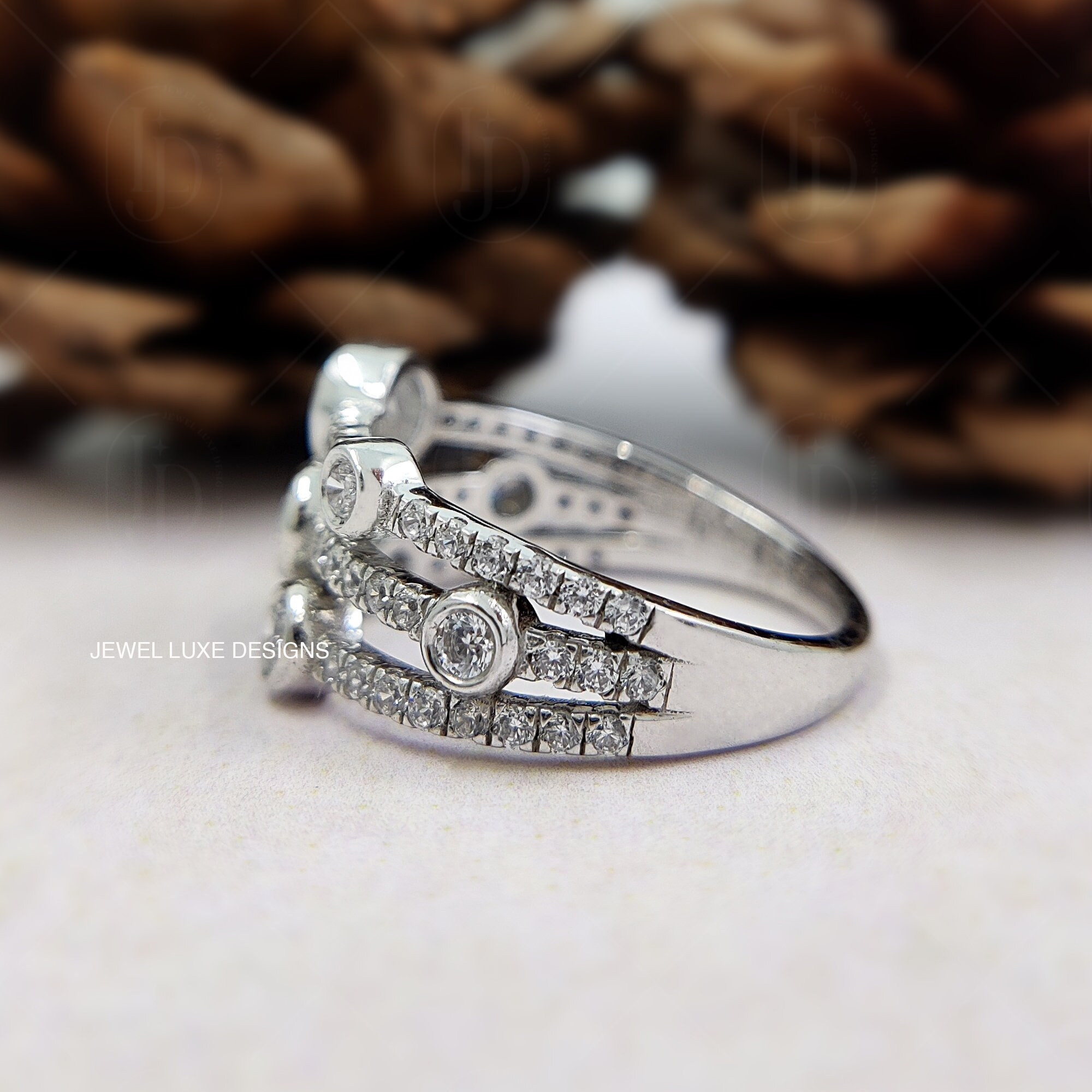 Three Row Moissanite Engagement Ring, Scattered Diamond Ring, Statement Rings for Women, 925 ...