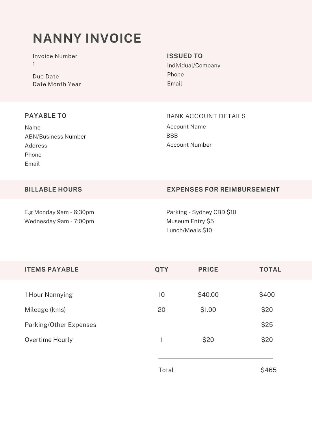 Minimalist Invoice Template - Nanny Invoice - Etsy UK