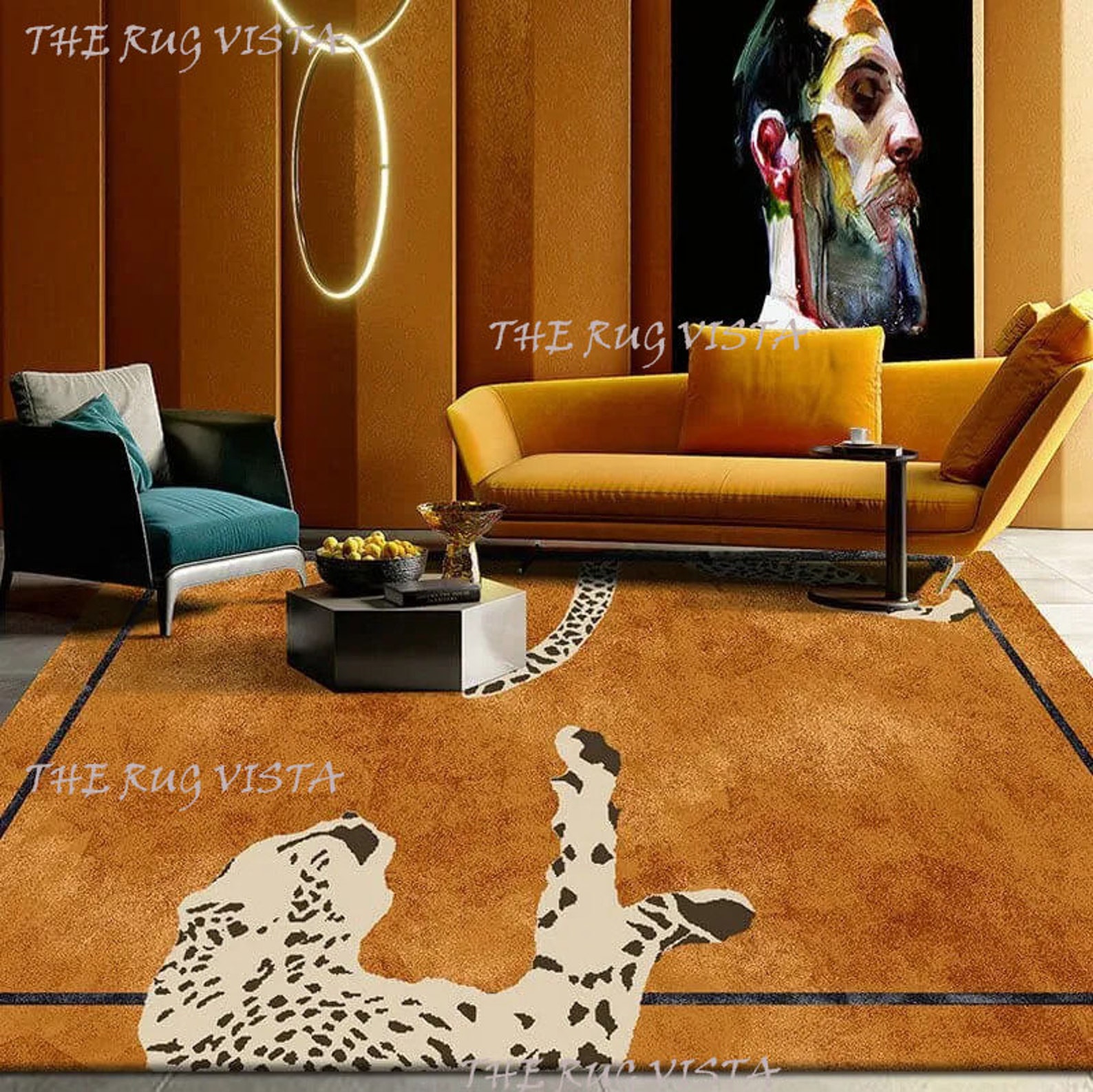 Hand Tufted Running Leopard Rug With Pop of Orangish Brown Black and ...