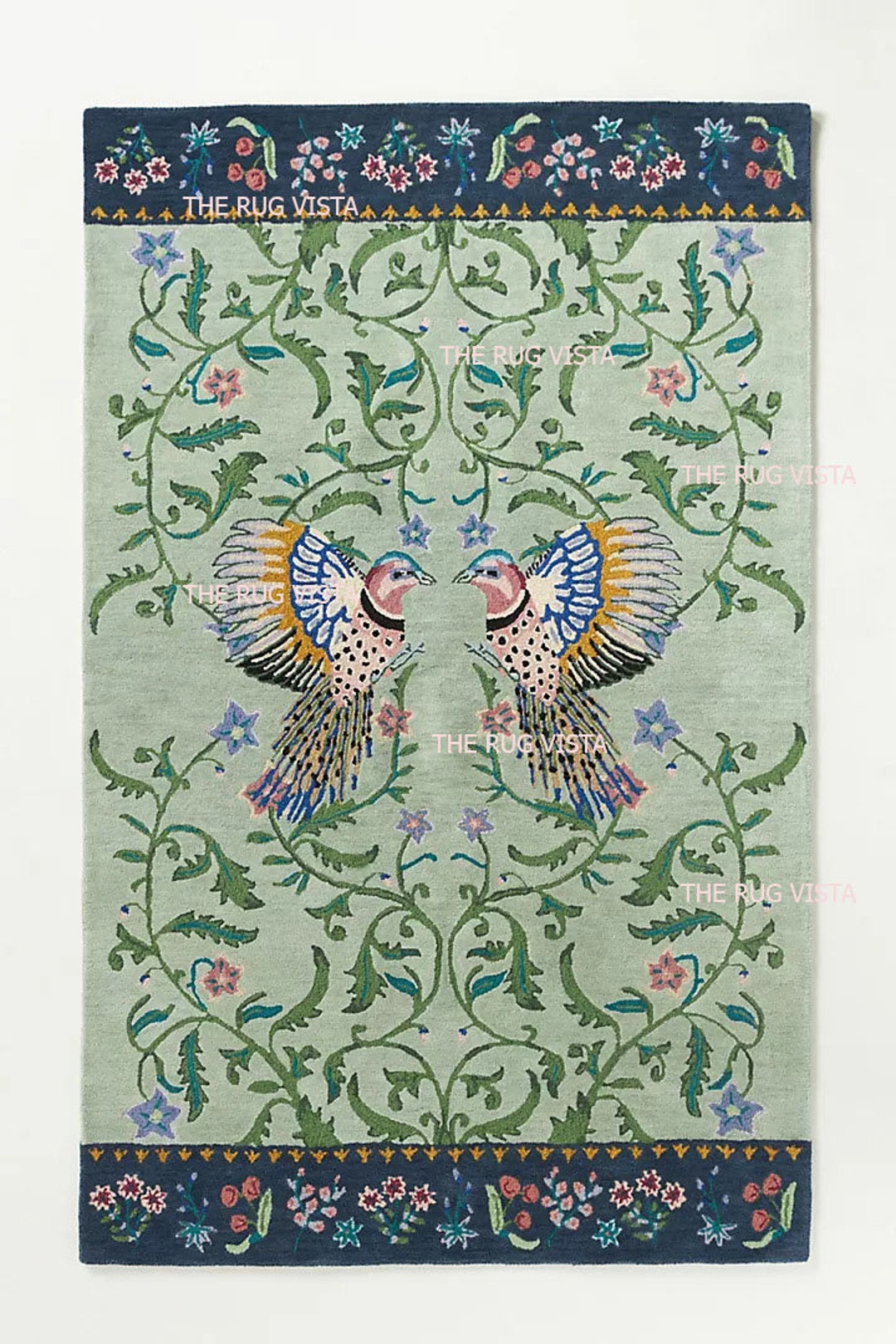 Hand-tufted Aria Rug Bird Printed Multi Colored Soft Green Rug 5x8 6x9 ...