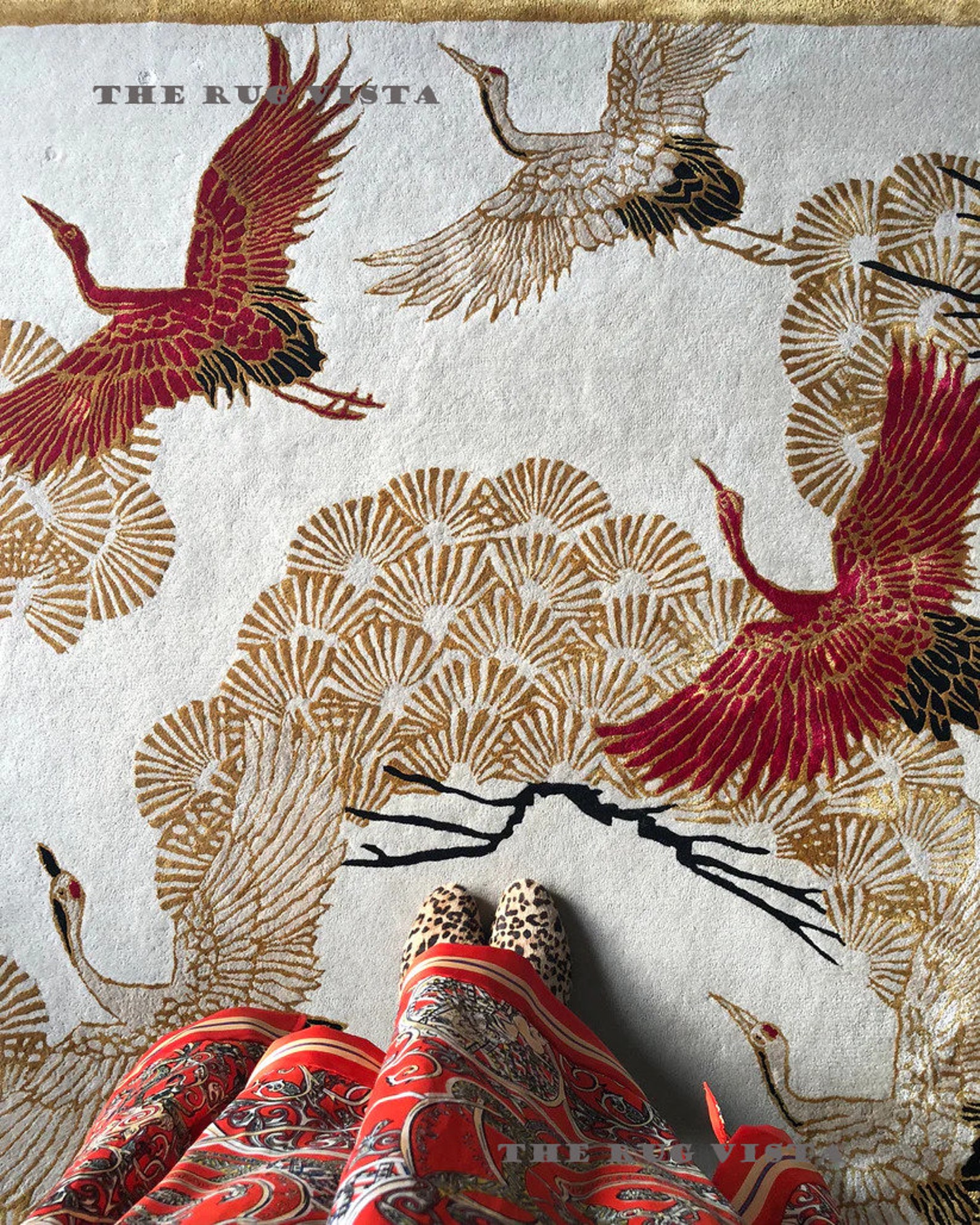 Cranes in Trees Hand Tufted Rug Hand Tuft Wool and Tencel Silk Rug ...