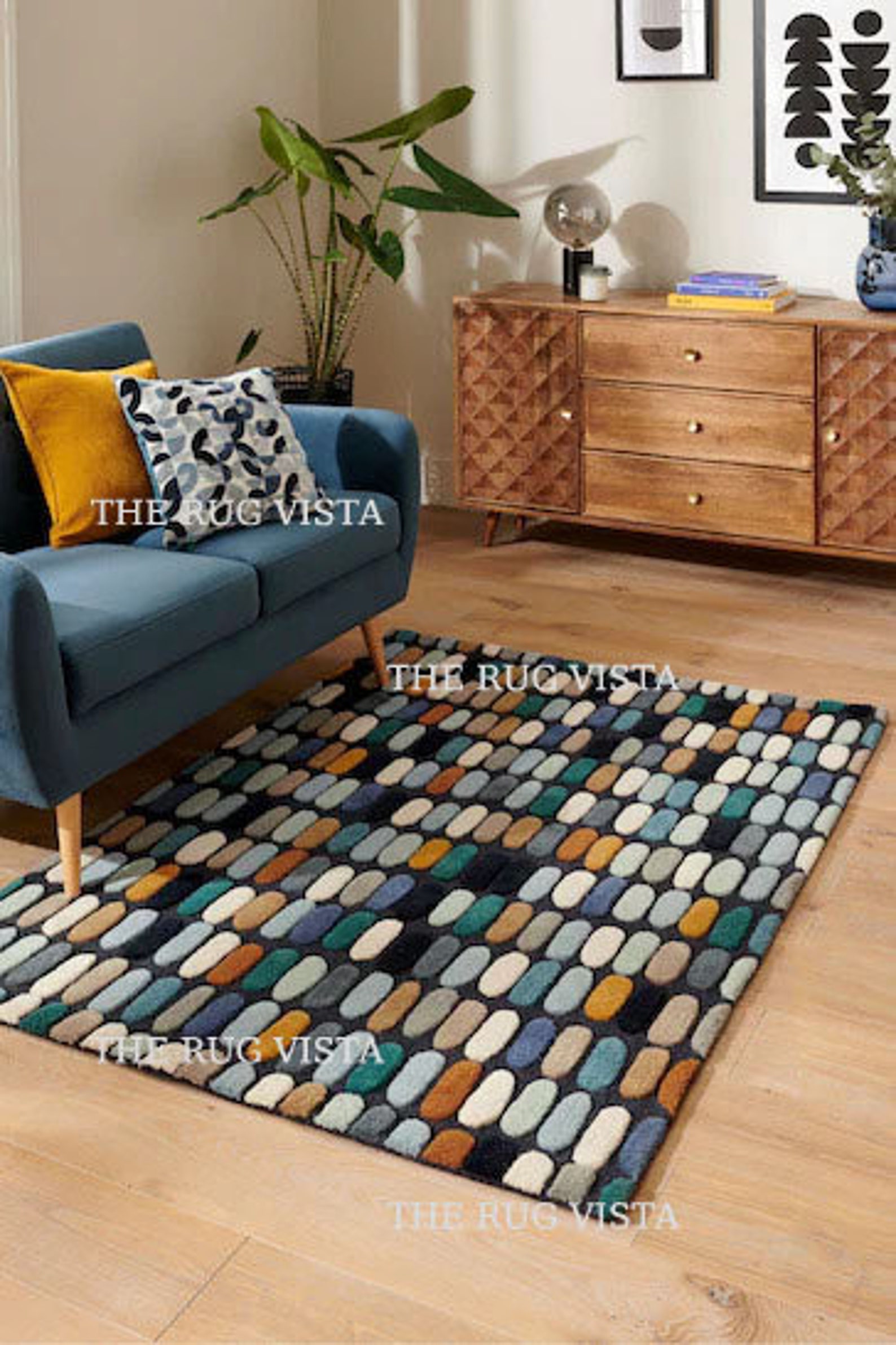 Hand Tufted Blue Rug Modern High Low Rug Pebble Rug Multi Colored Rug ...
