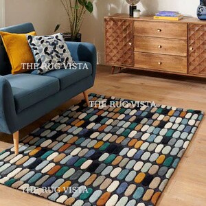 Hand Tufted Blue Rug Modern High Low Rug Pebble Rug Multi Colored Rug ...