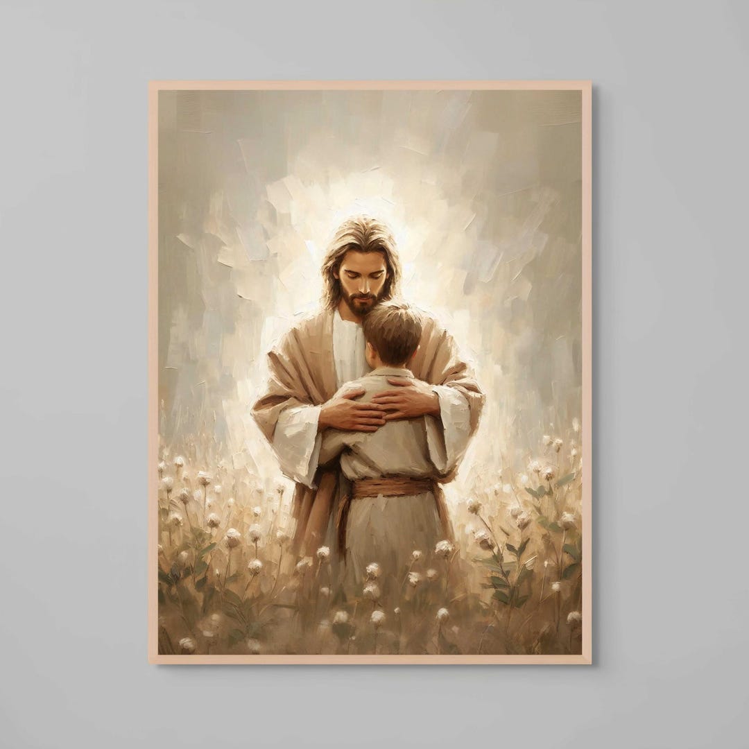 Safe With Jesus, Christian Wall Art, Jesus Hugging Boy, Jesus Portrait ...