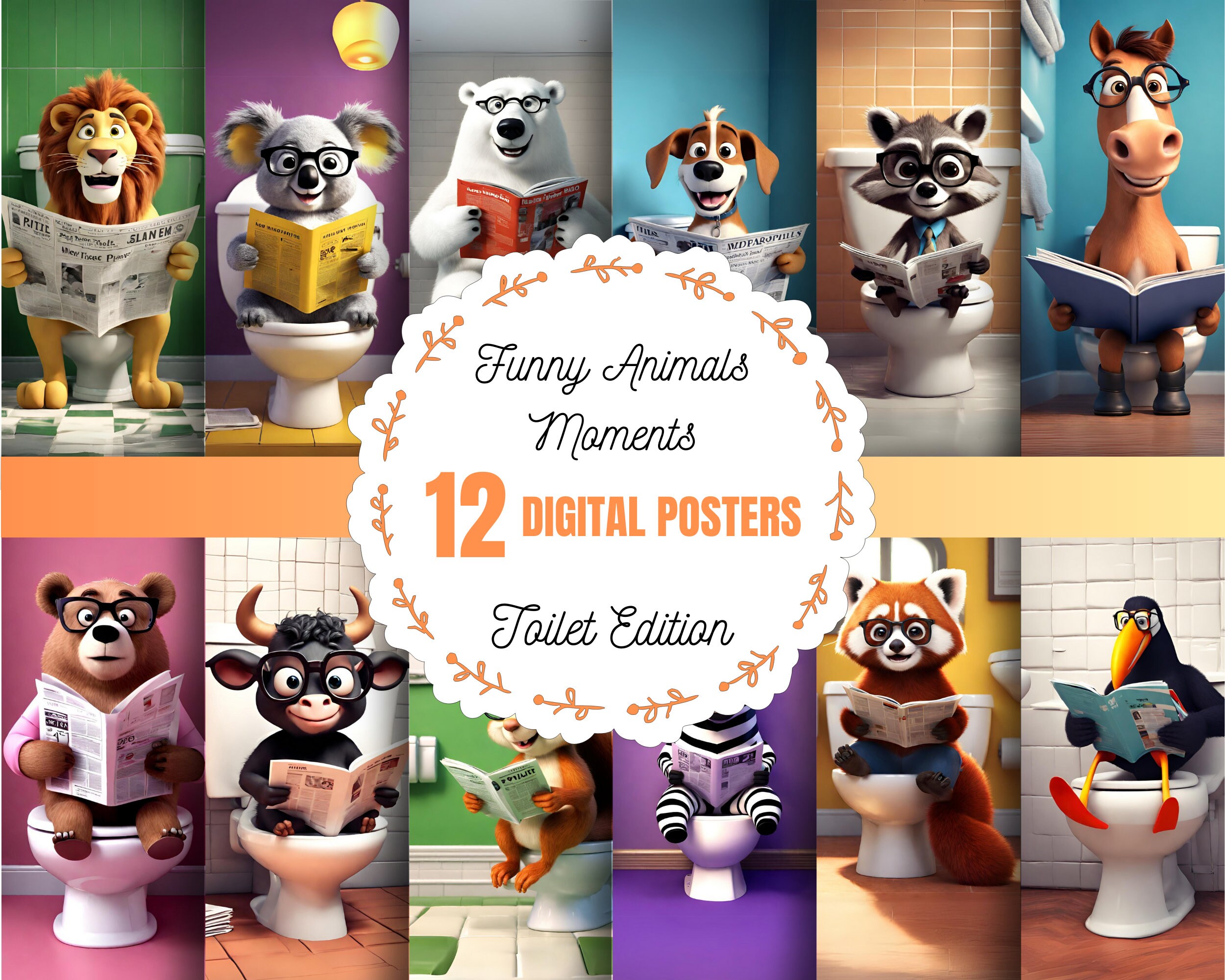 Bundle 12 Animals Sitting on the Toilet Reading a Newspaper, Funny ...