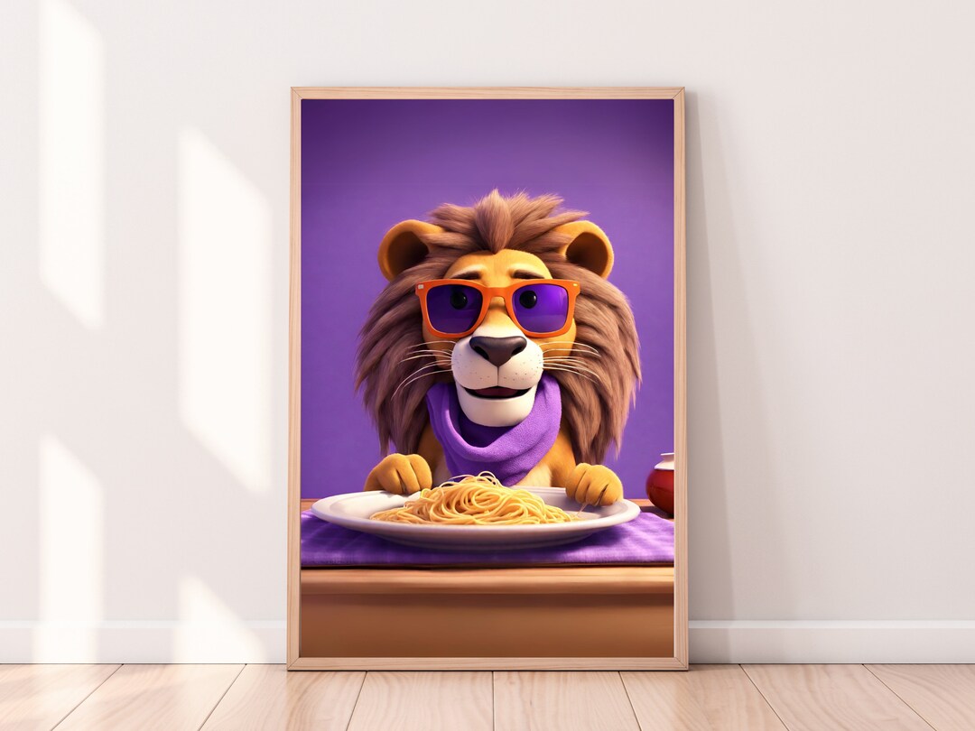 Lion Eating Pasta, Funny Bathroom Wall Decor, Humorous Animal Print ...