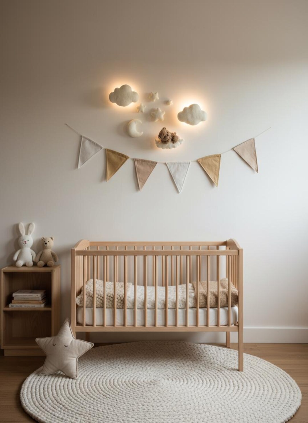 Handmade Bouclé Nursery Wall Decor: Teddy Bear, Moon, Stars LED Light ...