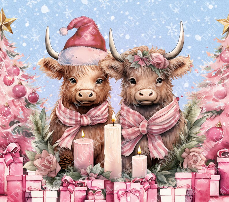 Pink Christmas Highland Cow 20oz Skinny Tumbler Wrap Sublimation PNG ...