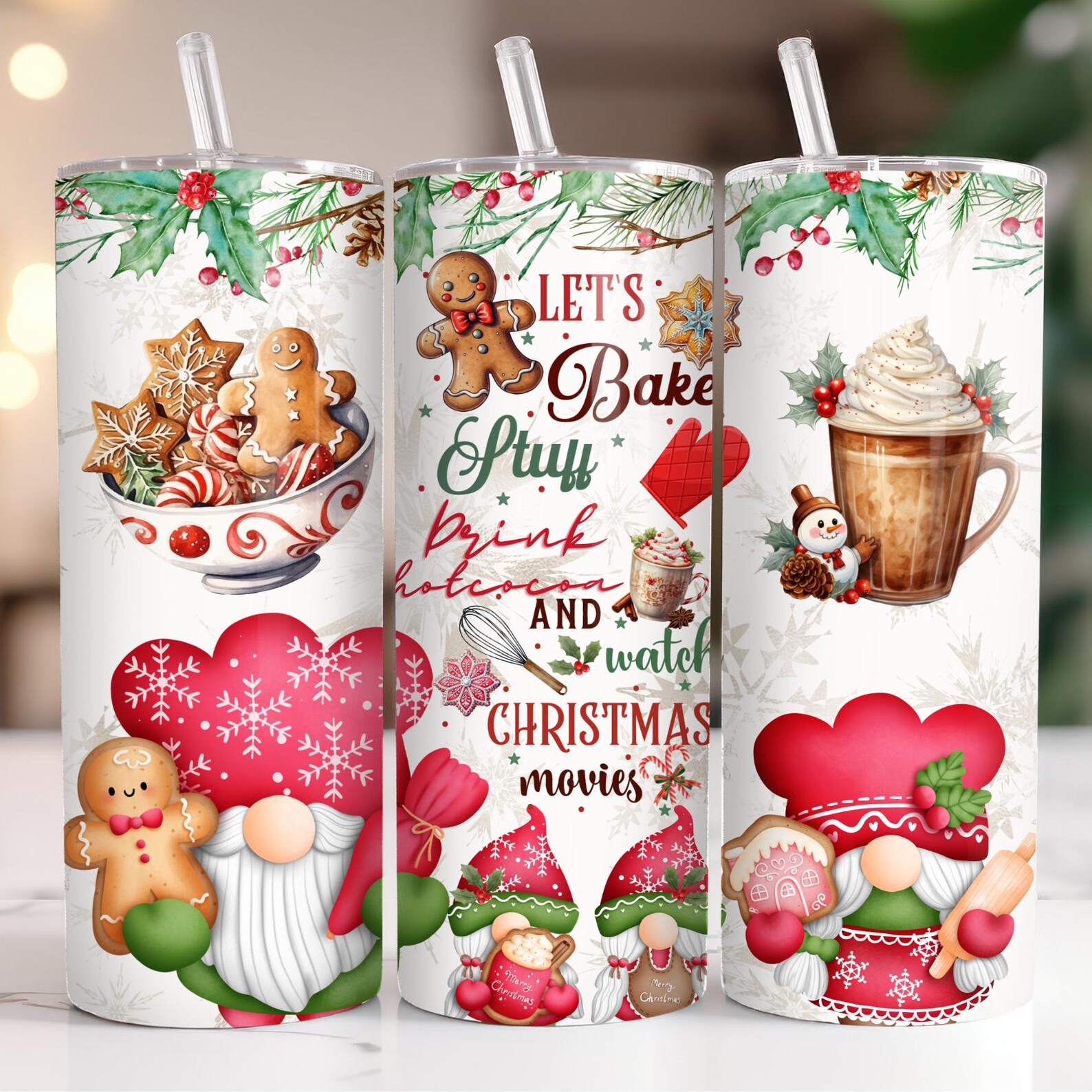 Baking Gnomes Tumbler Wrap, 20oz Skinny Straight Sublimation PNG, Let's ...