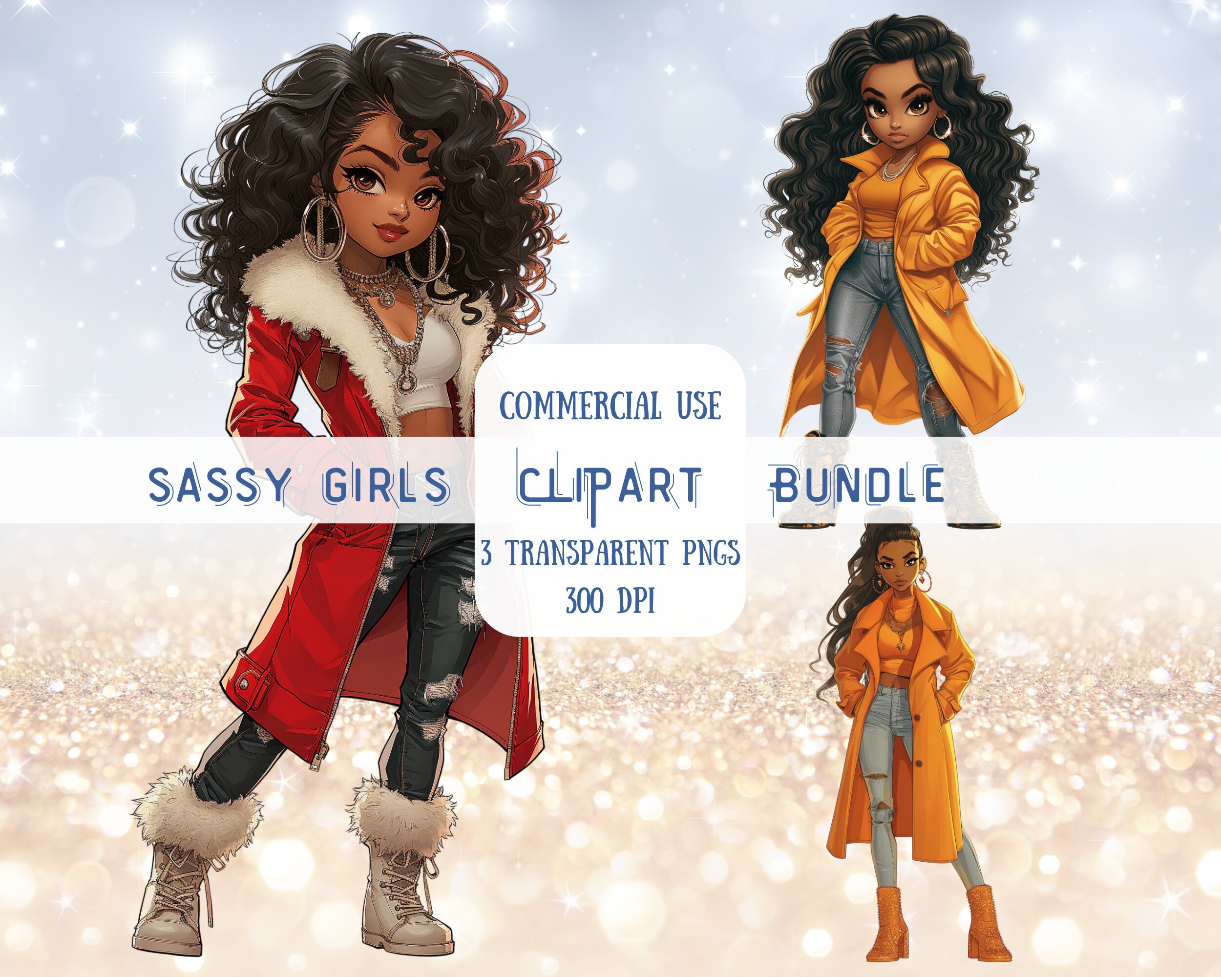 Sassy Black Girls Clipart Bundle, 3 African American Woman Transparent ...