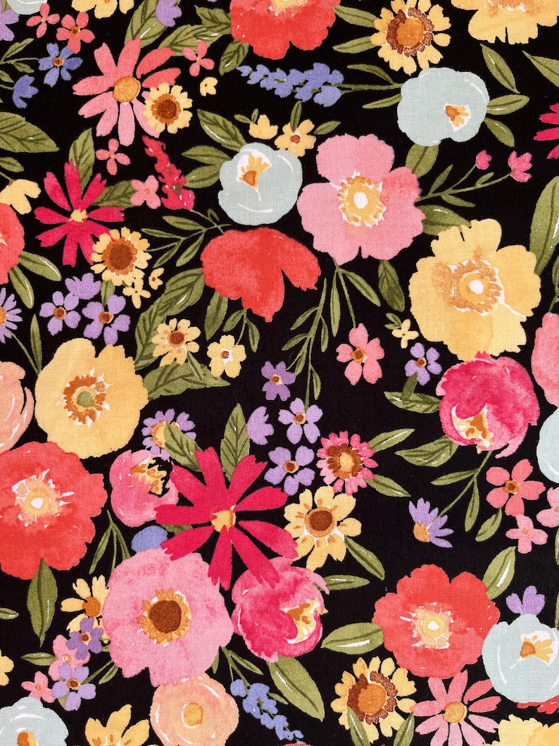 Spring Flowers on Black Floral Fabric - Etsy