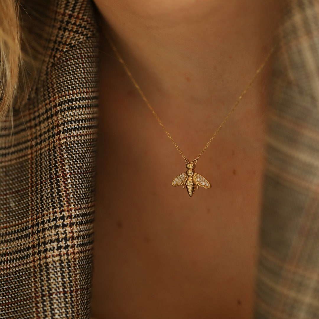 Gold Bee Necklace - 14K Solid Gold Bee Charm Necklace - Bumble Bee ...