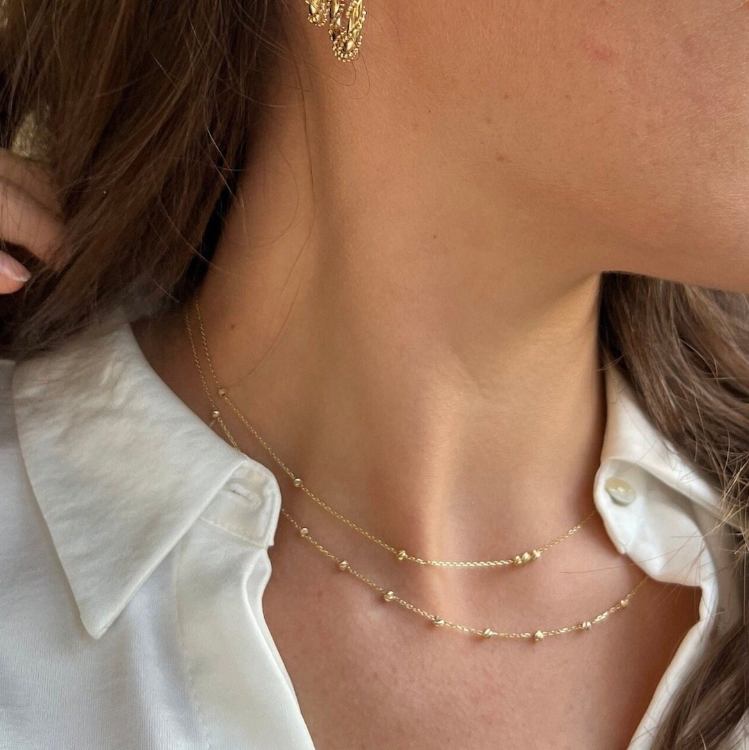 14K Solid Gold Beaded Chain Necklace: Dainty Satellite Style - Etsy