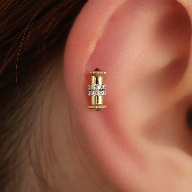 14K Gold Natural Ruby Piercing, Art Deco Piercing, Real Diamond ...
