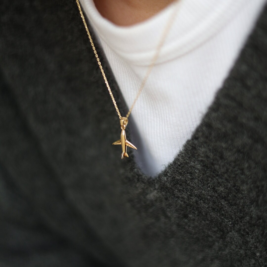 14K Solid Gold Airplane Necklace, Gold Airplane Pendant, Travel ...