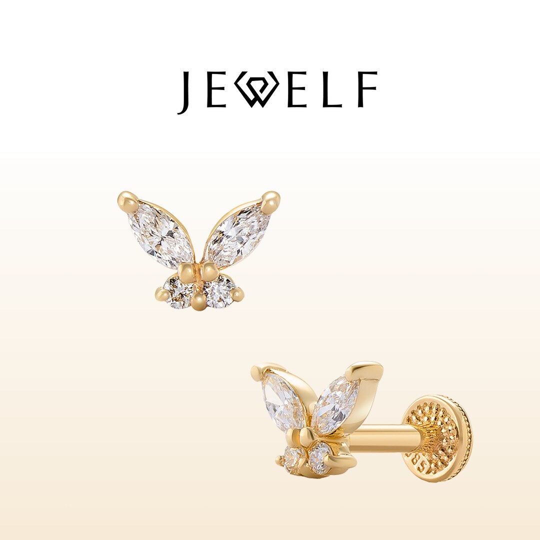 14K Gold Butterfly Diamond Stud Piercing, Real Marquise Helix Piercing ...